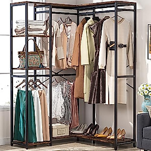 Tribesigns L-Shaped Clothes Rack for Corner, Heavy Duty Garment Rack with Shelves and Hanging Rods, Freestanding Closet Wardrobe Rack Metal Clothing Rack for Bedroom, Capacity 500lbs