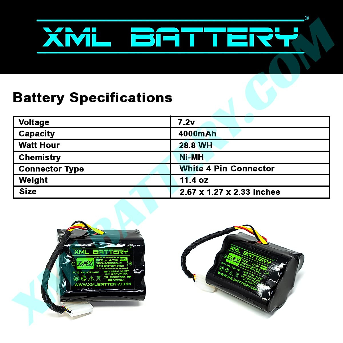 XML Battery (2 Pack XV-11 Neato XV11 XV-12 XV12 XV-13 XV13 XV-14 XV14 XV-15 XV15 7.2v 4000mAh Ni-MH Battery Vacuum Robot