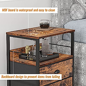 Furologee Nightstand with 2 Fabric Drawers, Bedside Table, End Table with Open Wood Shelf, Side Sofa Table with 2 Hooks for Bedroom/Living Room/Study/Halway/Rustic Brown