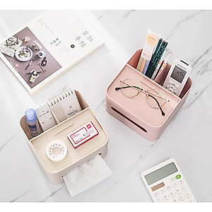 HornTide 5-in-1 Tissue Box 7.8inch Multifunction Countertop Organizer 3x Compartments 1x Tray Boutique Stationery Storage Caddy HIPS Plastic (Pink)