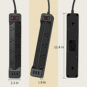 16.5FT Power Strip Surge Protector Flat Plug with USB, SUPERDANNY 7 Wide Spaced Outlets 3 USB Ports Mountable Extension Cord Charging Station, Overload Protection for Home Office Hotel Dorm, Black