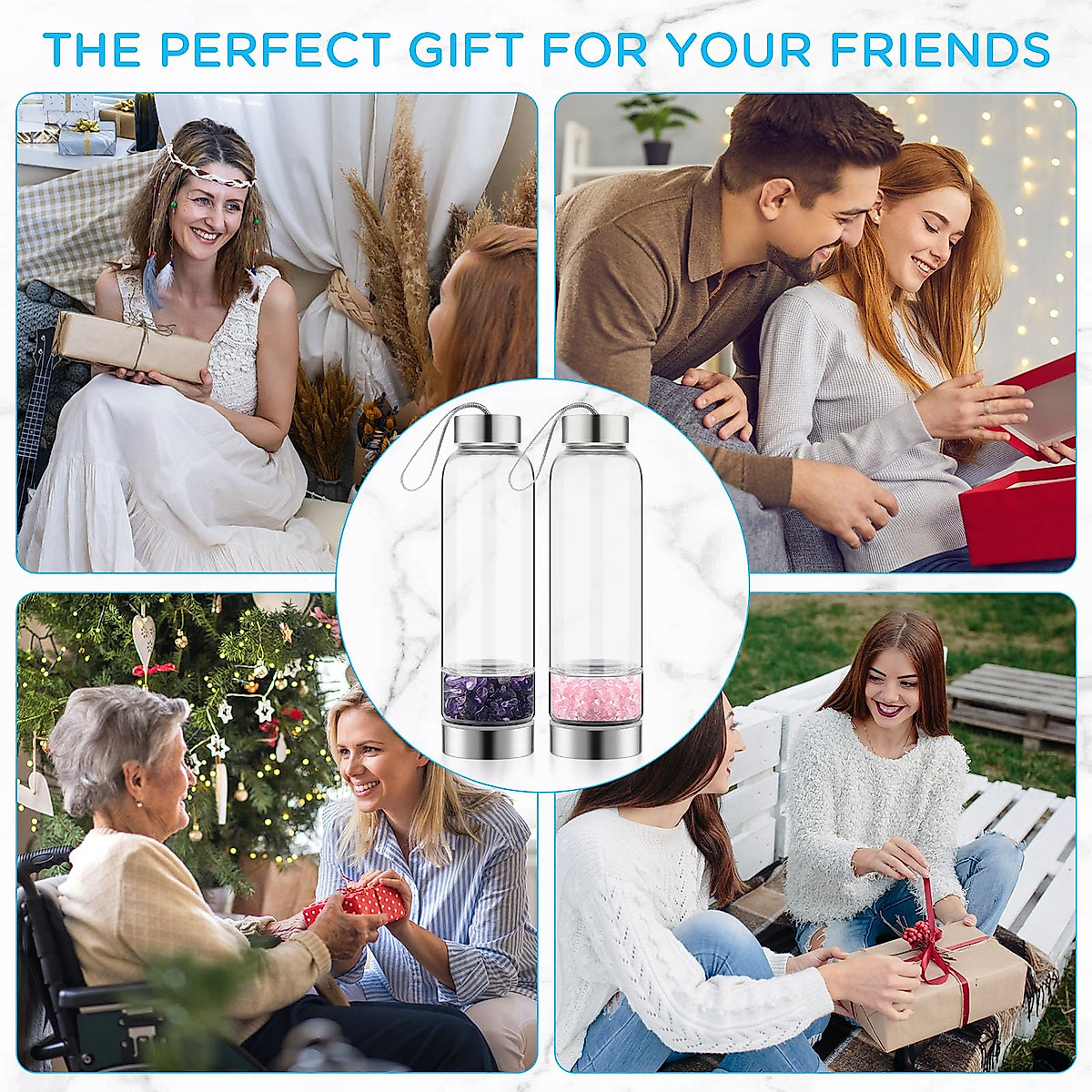 meekoo 2 Pieces Crystal Glass Water Bottle Clear Water Bottle with Gemstone Center Natural Amethyst and Rose Quartz Water Bottle Quartz Crystal Cup Energy Cup for Healing and Wellness (Small Stone)