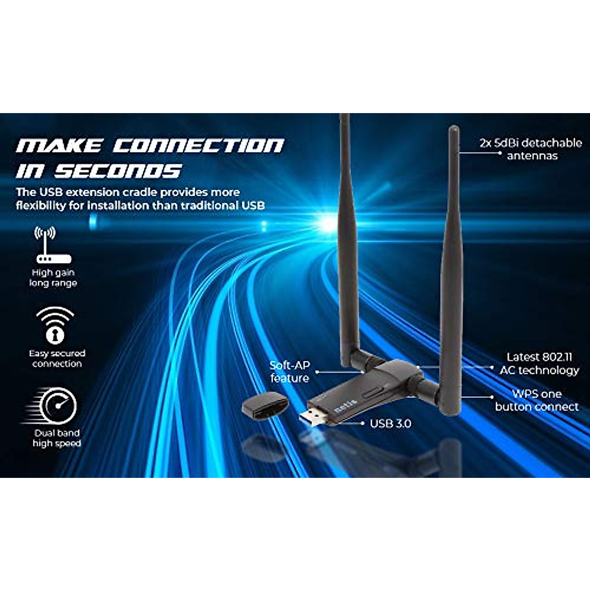Netis WF2190 Wireless AC1200 Long-Range USB Adapter, Supports Windows, Mac, Linux, Two 5dBi High Gain Antennas, Free USB Cradle