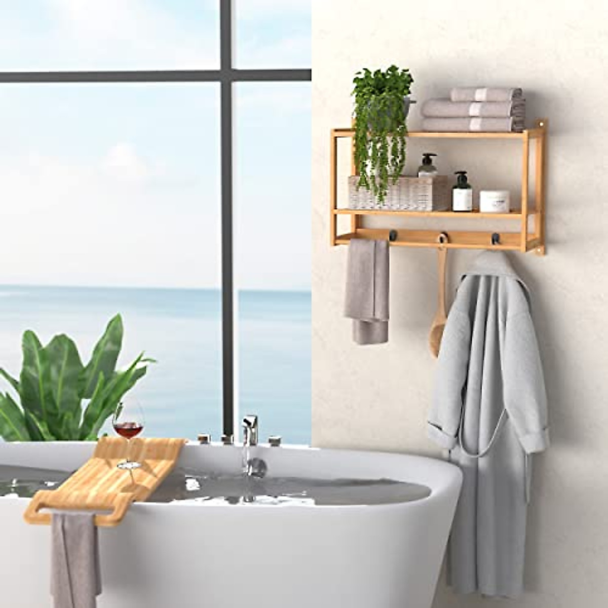 ClosetMaid Bamboo Wall Shelf with Towel Bar, 3 Hooks, Wall Mount Storage Shelves, 2 Tier, Organizer Rack, Natural Finish