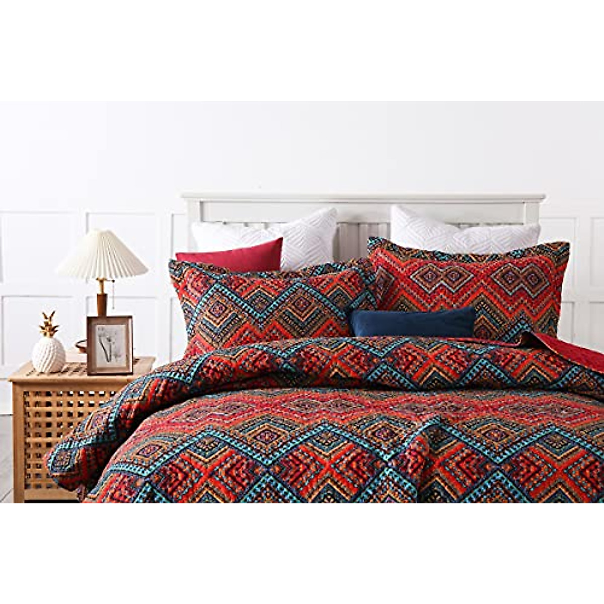 Yvooxny Quilt Set Queen Size Bedspread Bohemian Style Lightweight Cotton Quilted Coverlet Bedding Set for All Seasons, Boho Red Jacquard Pattern, 90 * 98 Inches