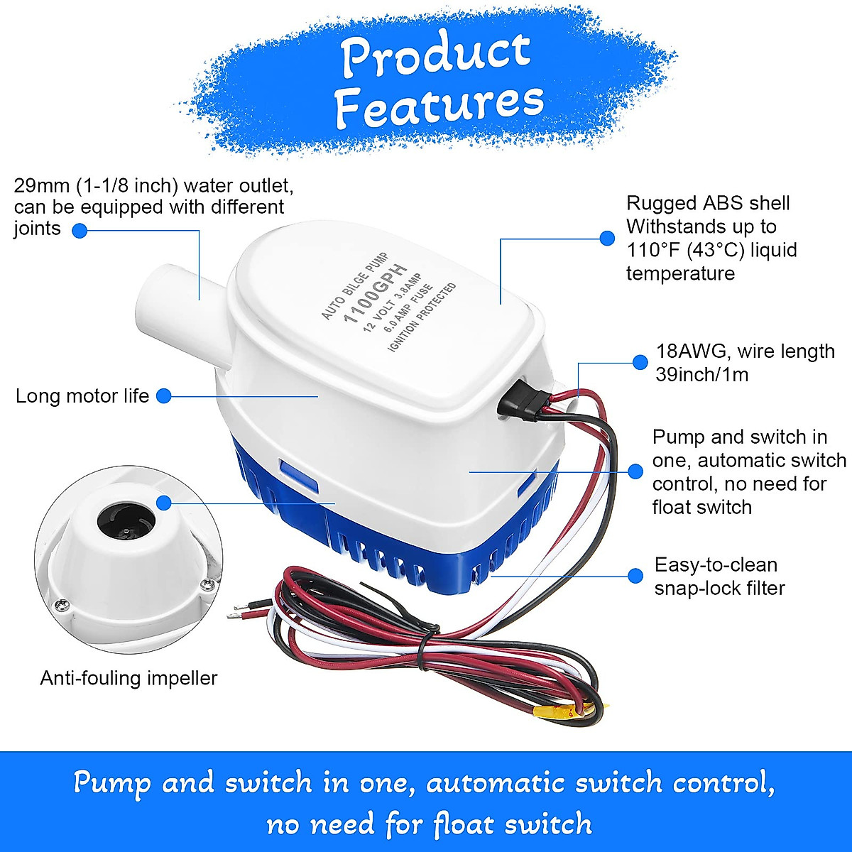 2 Pieces Automatic Bilge Pumps for Boats 12V Submersible Pump with Float Switch Auto Bilge Water Pump (1100GPH)