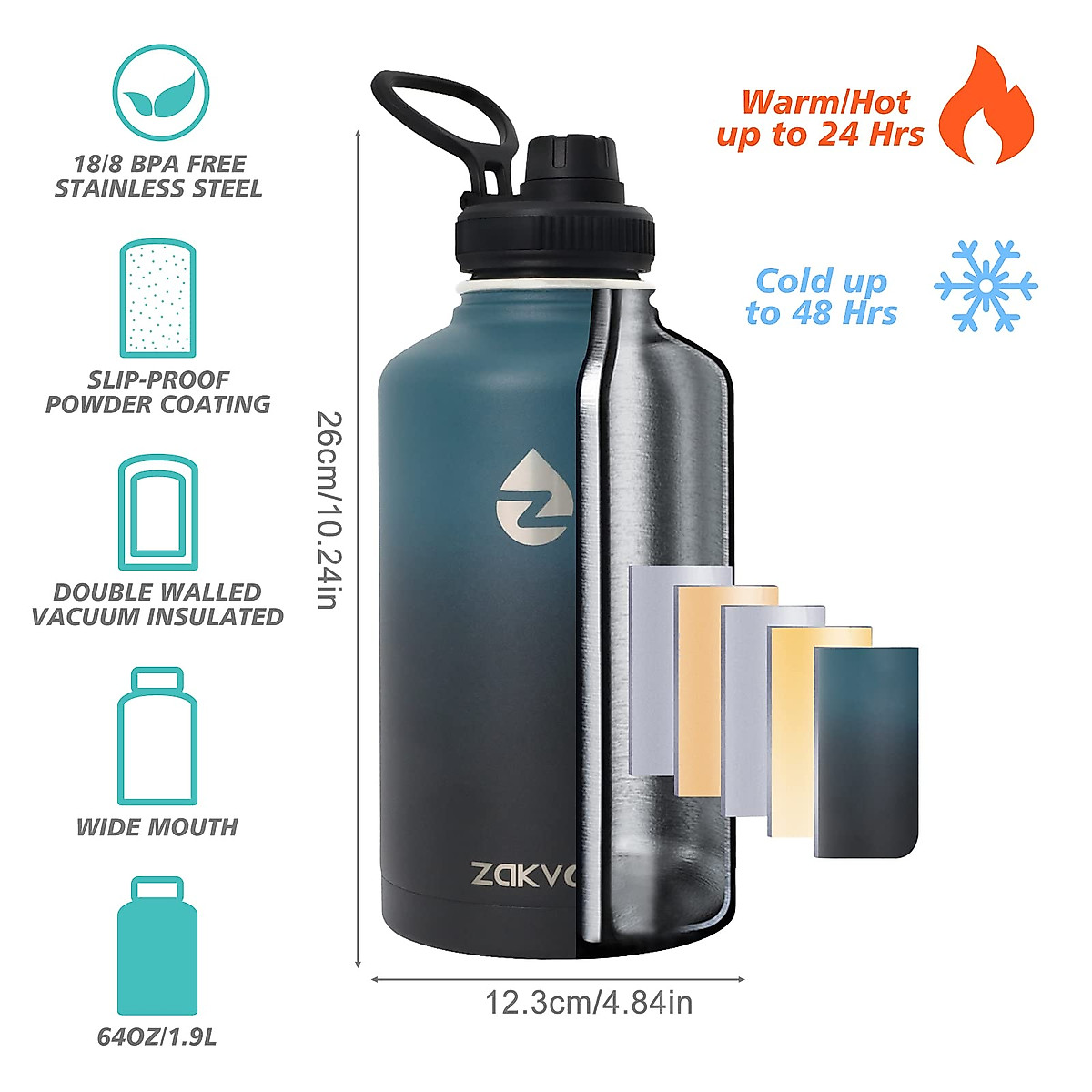 ZAKVOP 64 oz Insulated Water Bottle with Straws&3 Lids, Half Gallon Water Bottle Stainless Steel Double Walled, Big Water Jug with Paracord Handle, Large Metal Water Bottle for Gym