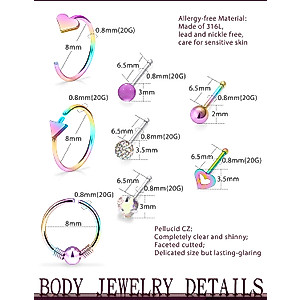 Jenxnjsjo Nose Rings Hoops Studs Piercings Jewelry Set for Women 20g Green Surgical Stainless Steel 20 g Gauge Rainbow Aretes para La Nariz Cute Tiny Straight Bar Nostril Bone Pack Hypoallergenic