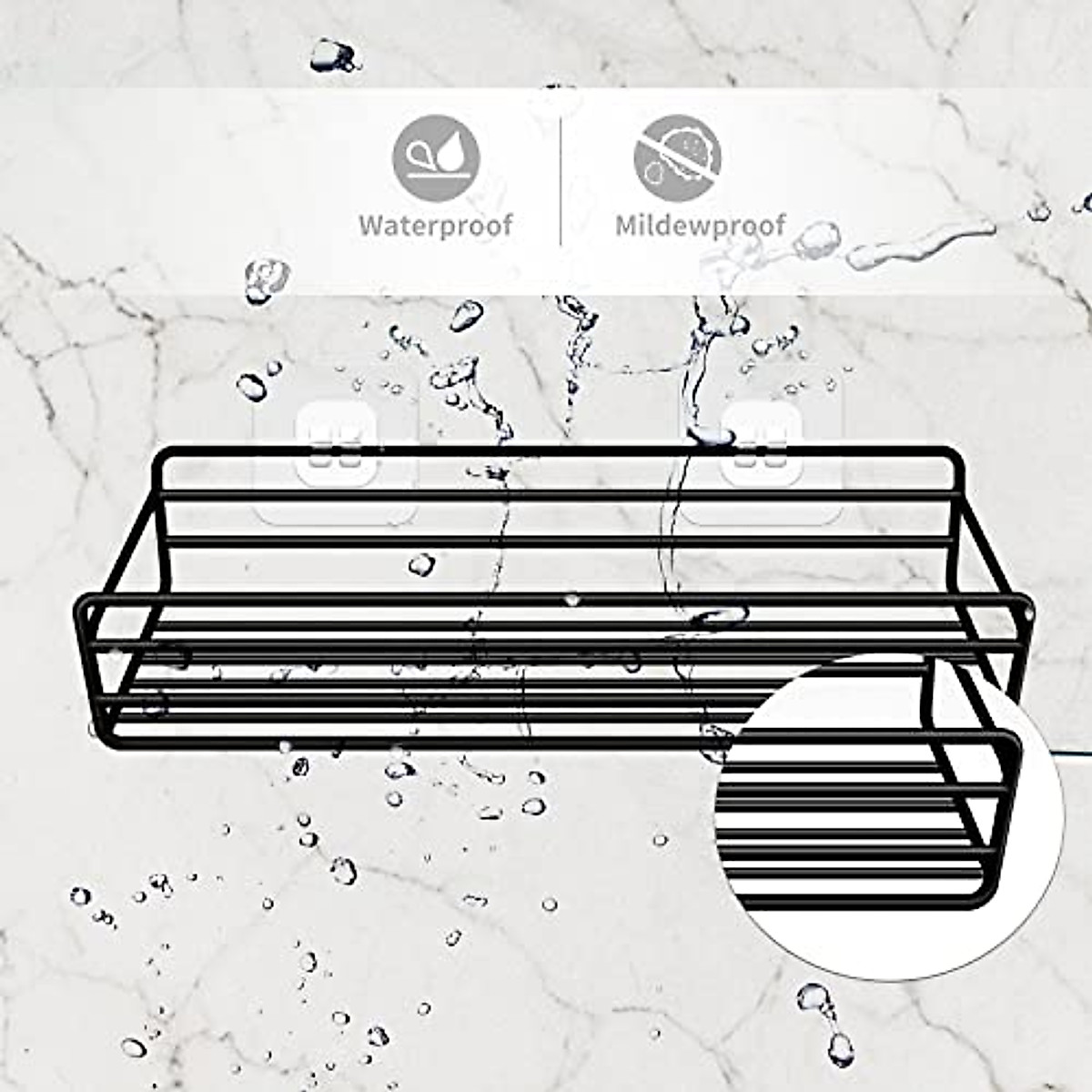 Go Green Tableware GOGN Adhesive Shower Caddy Shelf with 4 Hooks, No Drilling Bathroom Organizer Storage Rack for Restroom, Kitchen- 2 Pack (Black)