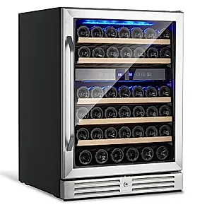 Towallmark 24 Inch Wine Cooler Refrigerator-46 Bottle, Dual Zone Seamless Stainless Steel Built-in Freestanding Wine Fridge, Double-Layer Tempered Glass Door with Lock, Under Counter Wine Cellar