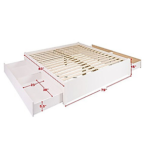Prepac Select King 4-Post Raised Platform 4-Drawer Storage Bed, Modern King Storage Bed with Drawers 83" D x 79" W x 16" H, White, WBSK-1302-4K