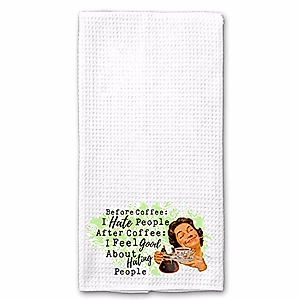 Before Coffee, I Hate People. After Coffee I feel Good about Hating People Funny Vintage 1950's Housewife Pin-up Girl Waffle Weave Microfiber Towel Kitchen Linen Gift for Her BFF