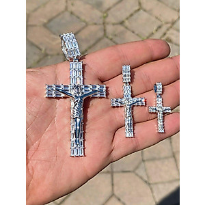 HarlemBling Real 925 Sterling Silver - Iced Baguette Cross W. Jesus Pendant - 3 Sizes Great For Any Necklace 1-2.5" (Medium 1.5")