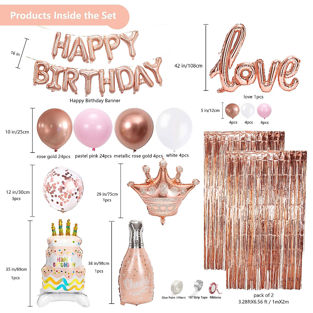 SANERYI Rose Gold Birthday Decorations for Women Happy Pink Balloon Arch Garland Kit Girl Princess Party Supplies Banner Curtains Backdrop Decor