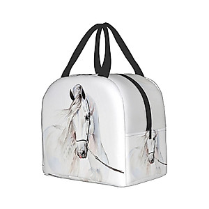 PrelerDIY Watercolor White Horse Lunch Box - Insulated Lunch Bags for Kids Boys Girls Reusable Lunch Tote Bags, Perfect for School/Camping/Hiking/Picnic/Beach/Travel