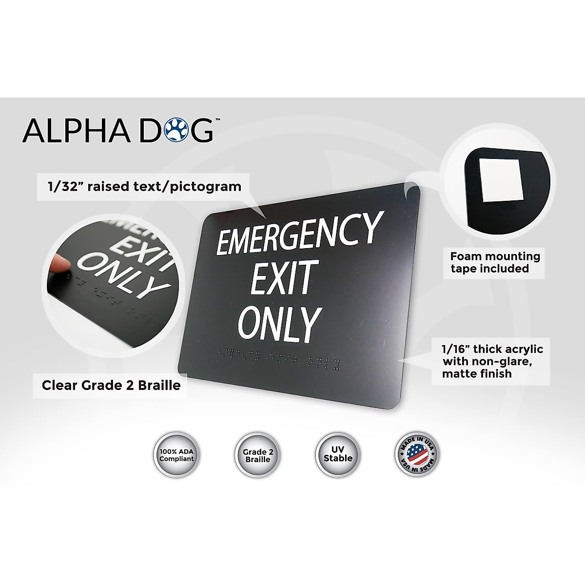 ALPHA DOG ADA SIGNS - Emergency Exit Only Sign with Braille for Your Business, 6x9 Inch, ADA Compliant, Indoor or Outdoor, Easy Installation, Made in the USA, Black
