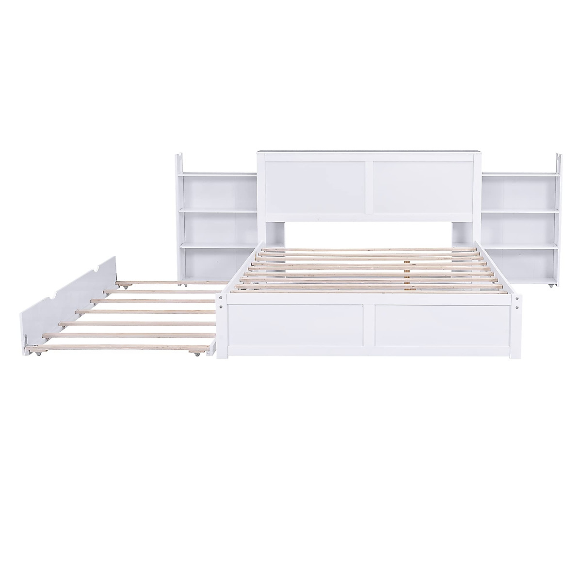 Lifeand Queen Size Storage Platform Wooden Bed with Pull Out Shelves and Twin XL Size Trundle, White