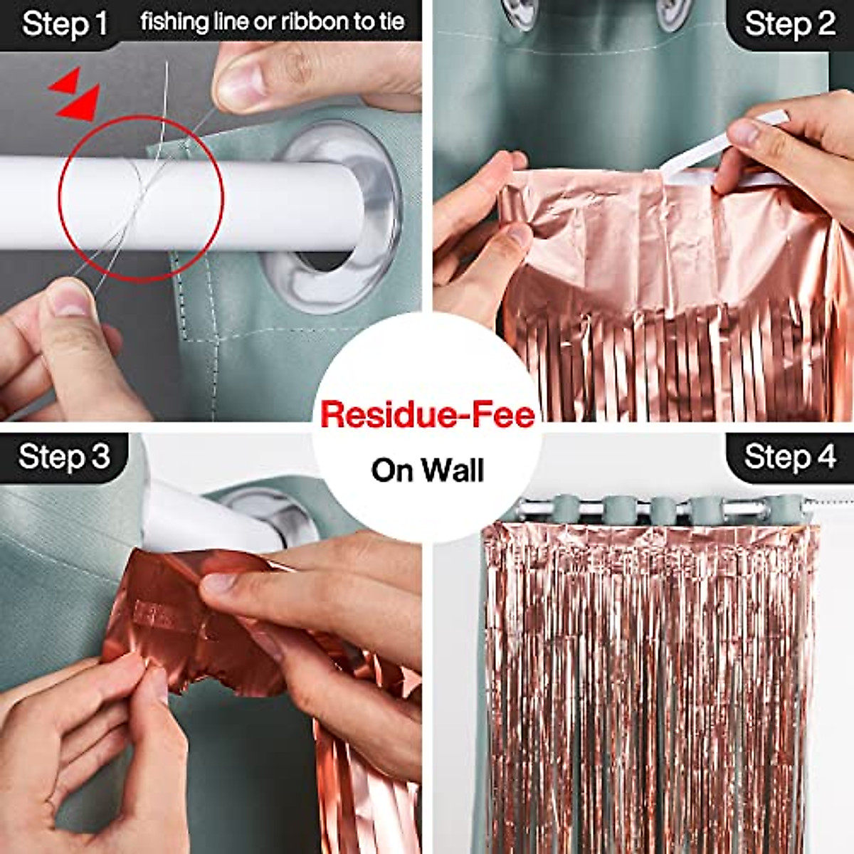 PartyWoo Rose Gold Foil Curtain, 2 pcs 3.3x8.2 ft Rose Gold Sreamers, Tinsel Curtains, Backdrop Curtain, Foil Fringe Curtains for Birthday Decorations, Wedding Bride Bachelorette Party Hen Party