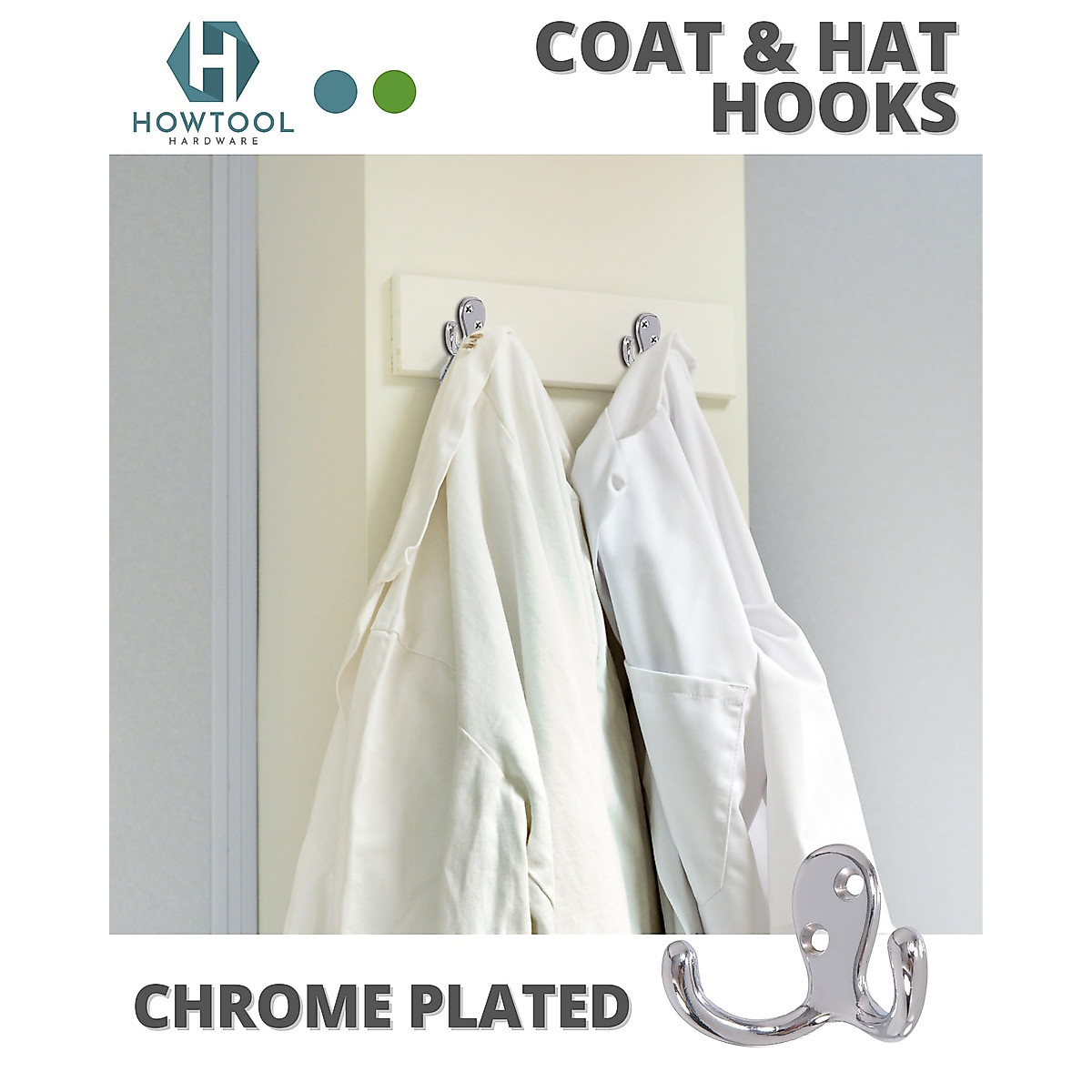 HOWTOOL Double Robe Hook 5 Pack Chrome with Screws Wall Mounted Towel Scarf