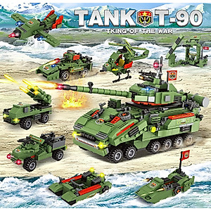 1552 PCS City Military Tank Building Blocks Set, Army Tank T-90 Toy Kit with Helicopter,Airplane, Boat,Vehicles and Storage Box,Pretend WW2 Military Roleplay Toy Birthday Gifts for Boys Girls Age 6-14