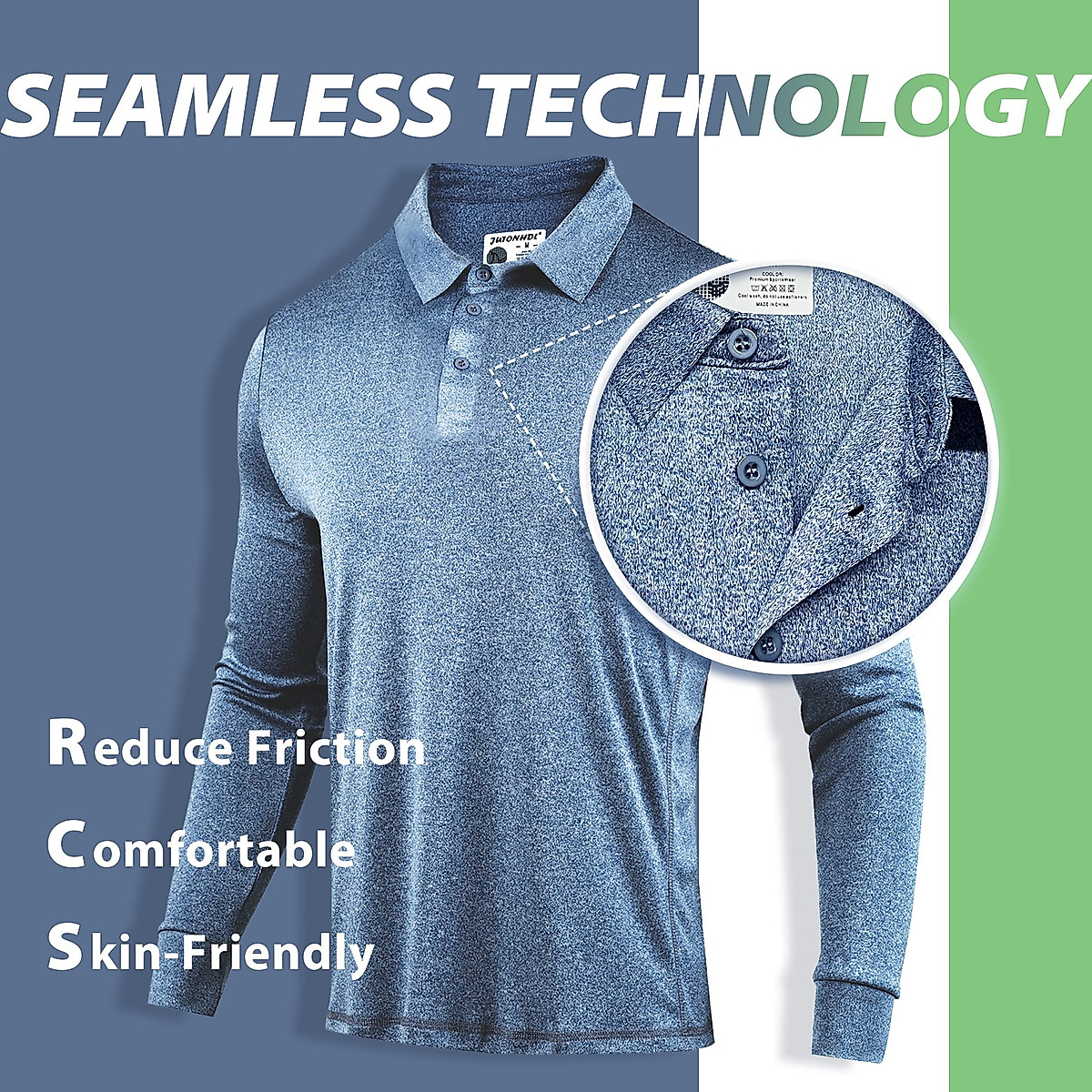 JUTONHDL Mens Long Sleeve Golf Polo Shirts with Seamless Moisture Wicking UPF 50+ Sun Protection for Fishing Running Hiking(H Sapphire Blue,3XL)