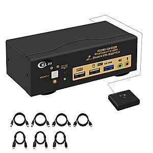 CKLau 2 Port USB 3.0 Dual Monitor KVM Switch Displayport 1.4 + HDMI 2.1 Supports 8K@60Hz, 4K@144Hz with Audio Output and All Input Cables