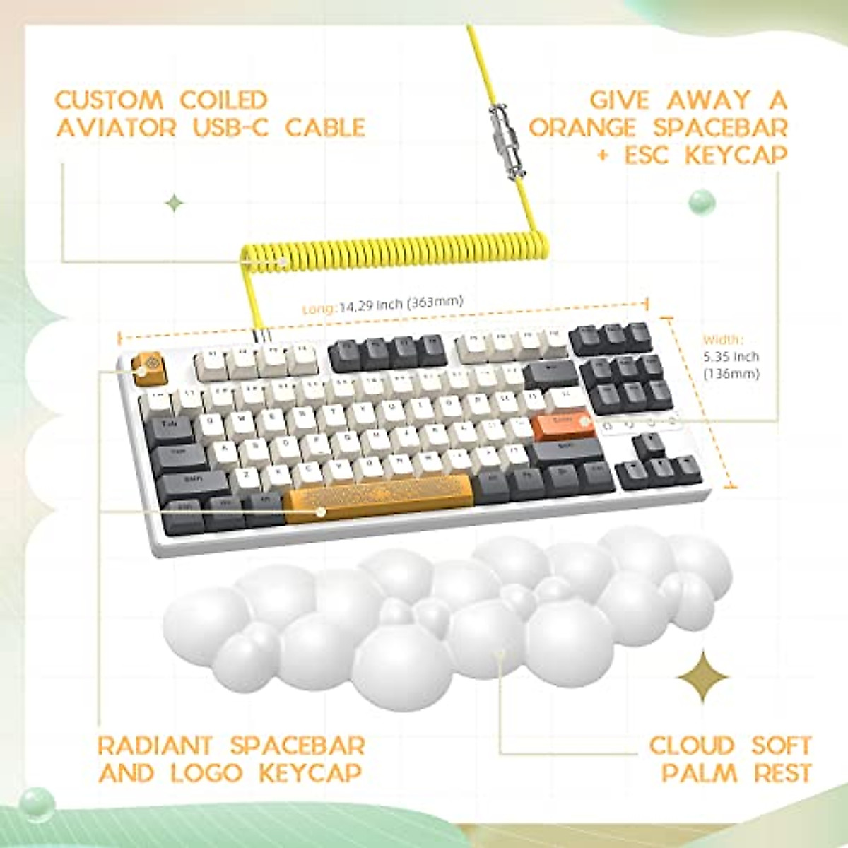 Wireless Gaming Keyboard and Wrist Rest Pad and Custom Coiled USB C Cable,Triple Mode TKL Hot Swappable Tactile Switches,LIGHTSYNC RGB,Mechanical Keyboard Palm Rest for PC PS5 PS4 Xbox Mac-3 in 1 Kit