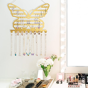 NiHome Butterfly Wall Mounted Jewelry Organizer, Decorative Metal Earring and Necklace Holder for Bedroom, Vanity, or Closet, Stylish Organizer with Easy Hanging for Fashion Lovers (Gold)