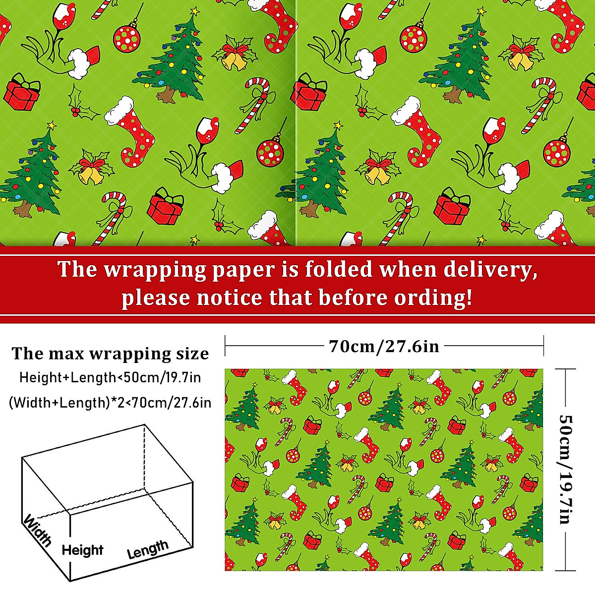 Whaline 12 Sheet Christmas Wrapping Paper Funny Cartoon Character Gift Wrap Paper Xmas Red Green Folded Flat Decorative DIY Craft Art Paper for Party Decor Supplies, 19.7 x 27.6 inch
