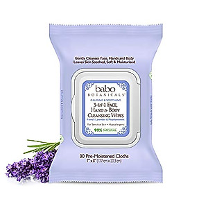 Babo Botanicals Calming 3-in-1 Face, Hand & Body Cleansing Wipes - with French Lavender & Meadowsweet - For Babies, Kids & Adults with Sensitive Skin - 30 ct.