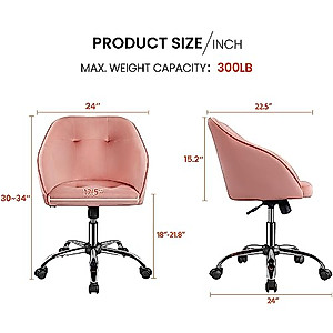 Yaheetech Velvet Desk Chair, Makeup Vanity Chair with Adjustable Tilt Angle, Modern Swivel Office Chair Upholstered Armchair Study Chair for Living Room and Makeup Room Pink