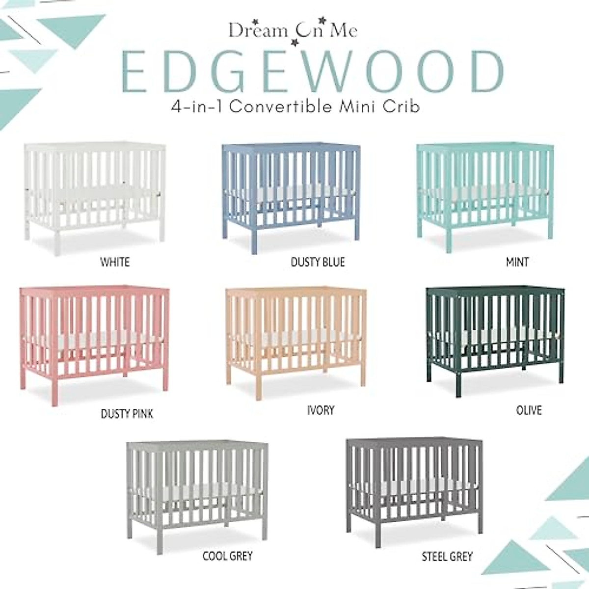 Dream On Me Edgewood 4-In-1 Convertible Mini Crib In Mint, JPMA Certified, Non-Toxic Finish, New Zealand Pinewood, With 3 Mattress Height Settings, Included 1" Mattress Pad