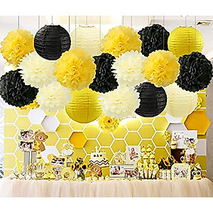 HappyField Honey and Bee Baby Shower Decorations Yellow Cream Black Tissue Paper Pom Poms Flower Paper Lanterns for Honey Bee Birthday Party Wedding Bridal Shower Outdoor Decoration 18Pcs Mixed 8" 10"