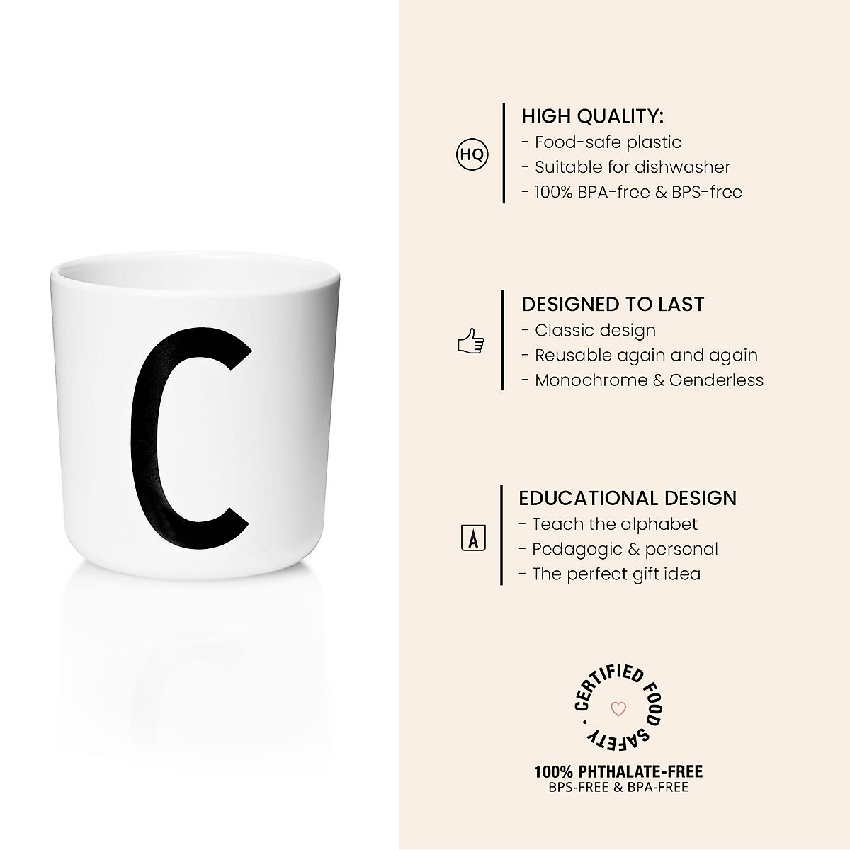 Design Letters Melamine Sippy cups for Baby 7 Oz A-Z | Kids Cups Designed in Denmark Reusable Cup for Baby 6+ Month|Learning Cup BPA/BPS Free | Children Drinking Cup Dishwasher Safe, Toddler Cup White