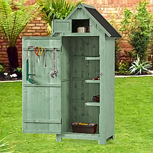 Shed Outdoor Storage Cabinet, Wood Garden Sheds with Floor, Outside Tool Outhouse Organizer with Waterproof Roof, Shelves and Lockable Door for Patio Hallway and Backyard (Green)