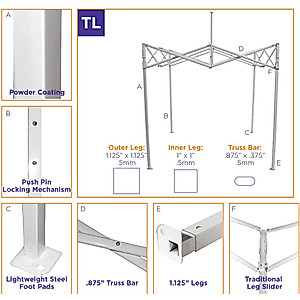 Impact 10' x 10' Pop Up Canopy Tent, Recreational Grade Steel Frame Includes 4 Weight Bags and Roller Bag, White