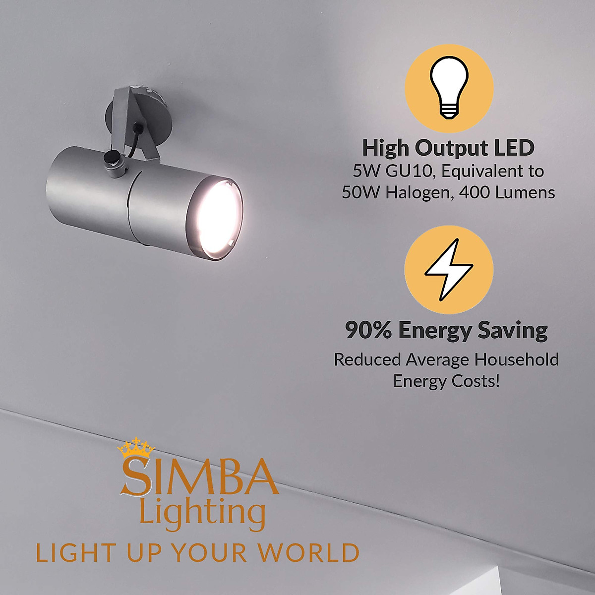 Simba Lighting LED GU10 5W Non-Dimmable Spot Light Bulb (6 Pack) Halogen 50W Replacement MR16 Shape for Accent, Recessed, Track Lighting, 38° Beam, 120V, Twist-N-Lock Bipin Base, 5000K Daylight