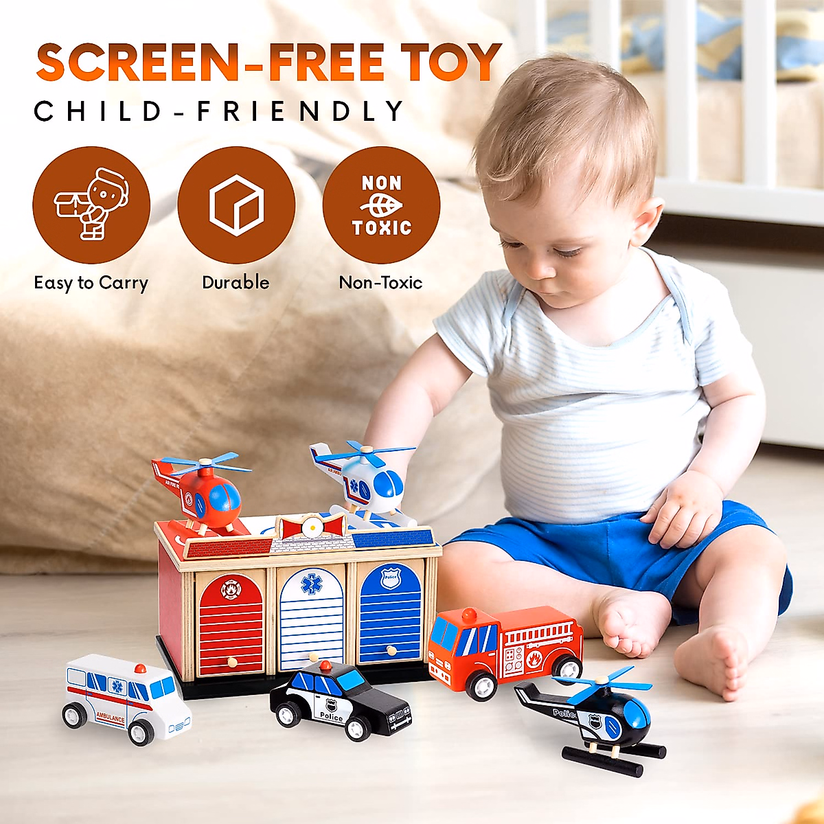 Rescue Station Kids Playset - 2-Level, 3-Bay Parking Garage Toy Set with Fire Truck, Ambulance, Police Car, and 3 Rescue Helicopters - Wooden Toy Rescue Vehicles for Kids Ages 3 and Up