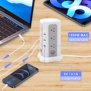 Power Strip Tower Surge Protector with 5 USB Ports, 12 Multiple Outlets, 6.5 FT Flat Plug Extension Cord, 13A 1050J Overload Protection, Desktop Charging Station for Home Office Dorm Room