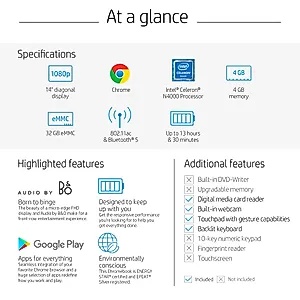 HP Chromebook 14-inch FHD Laptop, Intel Celeron N4000, 4 GB RAM, 32 GB eMMC, Chrome (14a-na0060nr, Ceramic White)