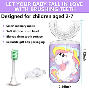Kids Electric Toothbrush, Unicorn Sonic U Shaped Rechargeable Automatic Toothbrushes IPX7 Waterproof 6 Modes Smart Timer 360° Oral Cleaning with Replacement Brush Heads for Child Age 2-6 (1. Purple)