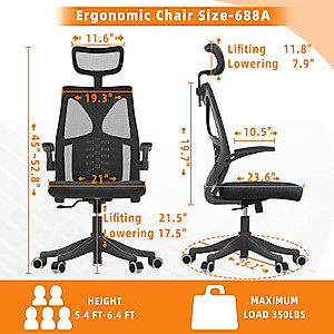 Ergonomic Office Chair, High Back Desk Chair, Breathable Mesh Desk Chair with Lumbar Support, Adjustable Headrest and Flip-Up Arms, Swivel Task Chair with Adjustable Height (Black)