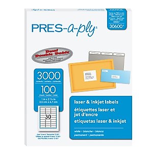 PRES-a-ply Laser Address Labels, 1 x 2-5/8, White, 3000/Box