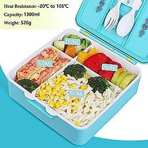 Bento Lunch Box Kids Children, Lunchbox with 4 compartments, Spoon, Fork and Fruit Picks, Blue Food Containers for Boys, Daycare/Travel/School, Leak-Proof, BPA-Free, Microwave/Dishwasher/Freezer Safe