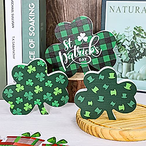 Whaline 3Pcs St. Patrick's Day Wooden Signs Green Plaid Shamrock Table Ornament Lucky Clover Double-Side Print Table Centerpieces Irish Holiday Table Centerpieces for Home Fireplace Tiered Tray Decor