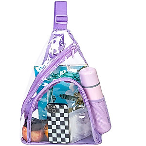AGSDON Clear Sling Bag Stadium Approved, Small PVC Crossbody Shoulder Backpack, Casual Transparent Daypack - Purple