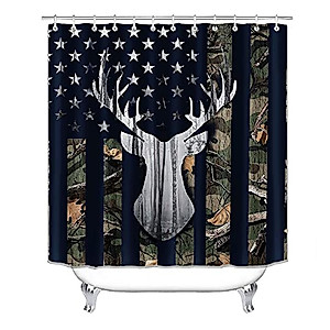 OLEBETY 4PCS/Set Camo Shower Curtain, Man Cave White Black American Flag Woodland Elk Moose Bear Wildlife Animal Hunting Rustic Cabin Bathroom Decor Non-slip Bath Rugs Gifts for Men Hunters, Deer Head