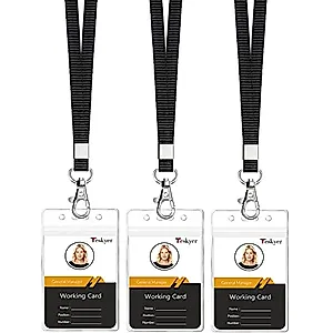 Teskyer Clear ID Badge Holder with Lanyard, Waterproof Extra Thick Plastic ID Card Holder with Resealable Zip, 2.5" x 3.5" Inner Size, Vertical Style, Set of 3, Black