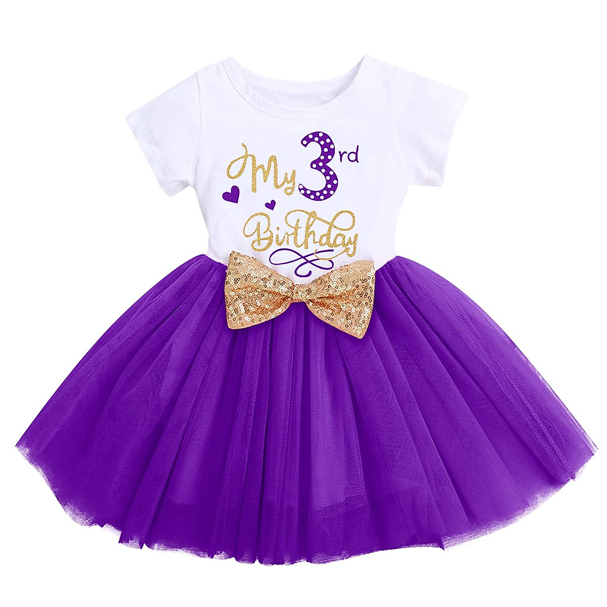 ODASDO Toddler Kids Girls My 3rd Third Birthday Party Dress Sequin Bowknot Headband Cake Smash Outfit Summer Cotton Short Sleeve A-line Tulle Tutu Princess Skirt Photo Props Purple 3 Years