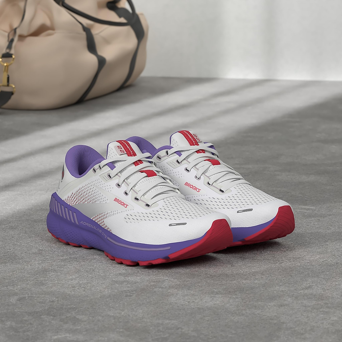 Brooks Women's Adrenaline GTS 22 Supportive Running Shoe - White/Coral/Purple - 8.5 Medium